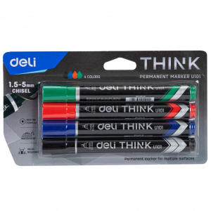 DELI U101 THINK PERMANENT CHISEL MARKERS, PKT 4PCS